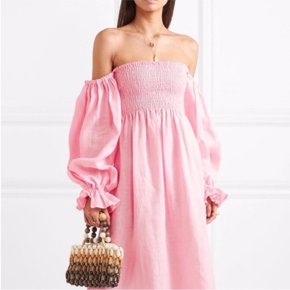 Sleeper | Dresses | Sleeper Atlanta Off The Shoulder Shirred Linen Midi ...
